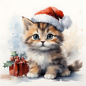 Cute Christmas Cats Clipart, 24 JPG, Xmas Cat Clip Art, Watercolor Cat ...