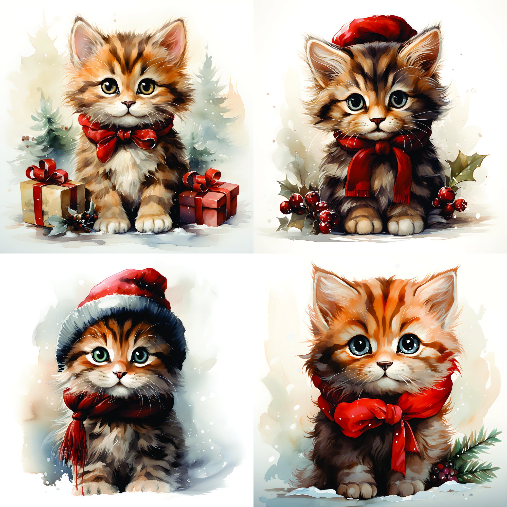 Christmas Cats Digital Paper, Printable Christmas Wall Art, Watercolor ...