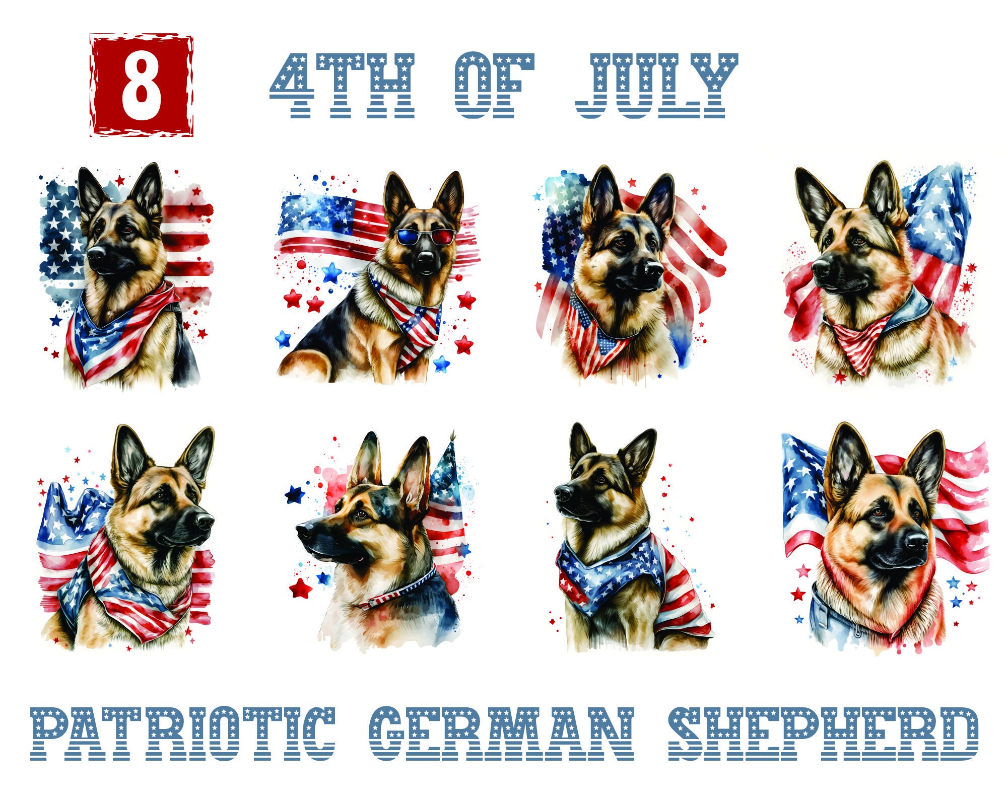 Patriotic German Shepherd Clipart, 8 German Shepherd Jpgs, 4th of July ...