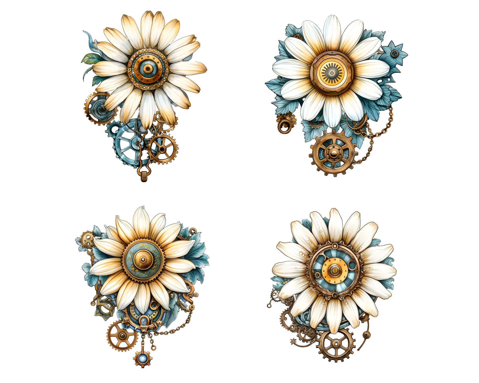 Steampunk Daisy Clipart, 14 PNG, Watercolor Daisy, Scrapbooking, Daisy PNG, Daisy Sublimation ...