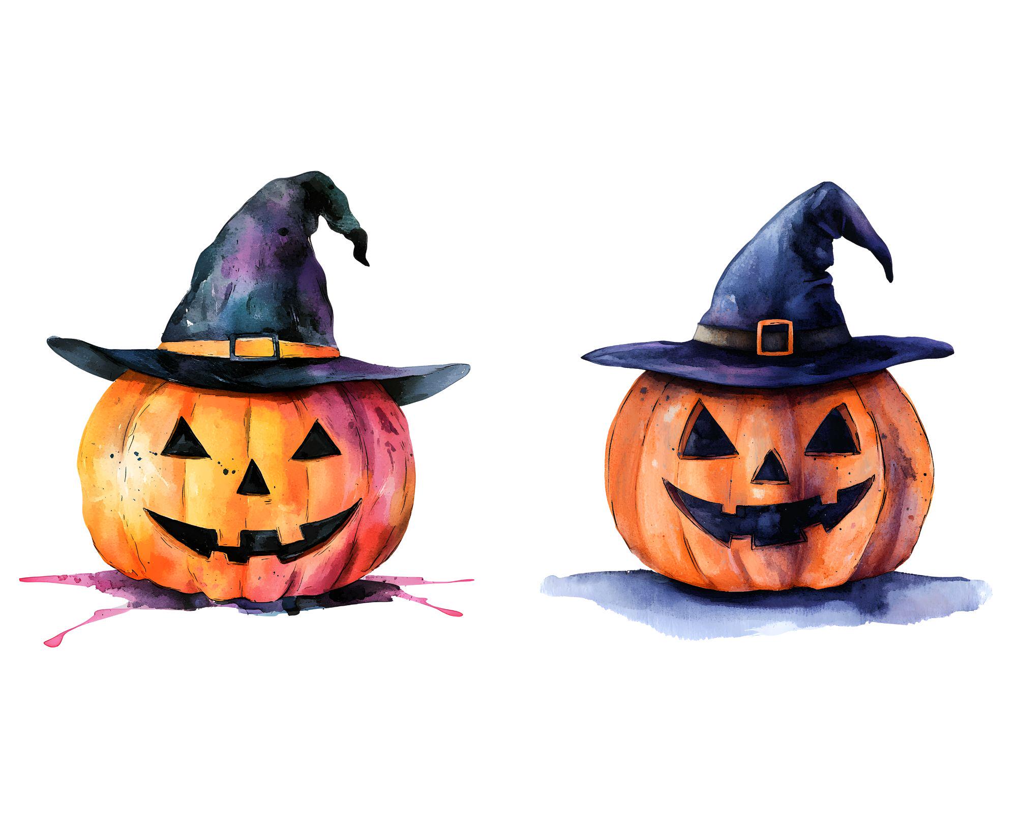 Watercolor Halloween Pumpkin Clipart: Witch Hat, Spooky Illustration ...