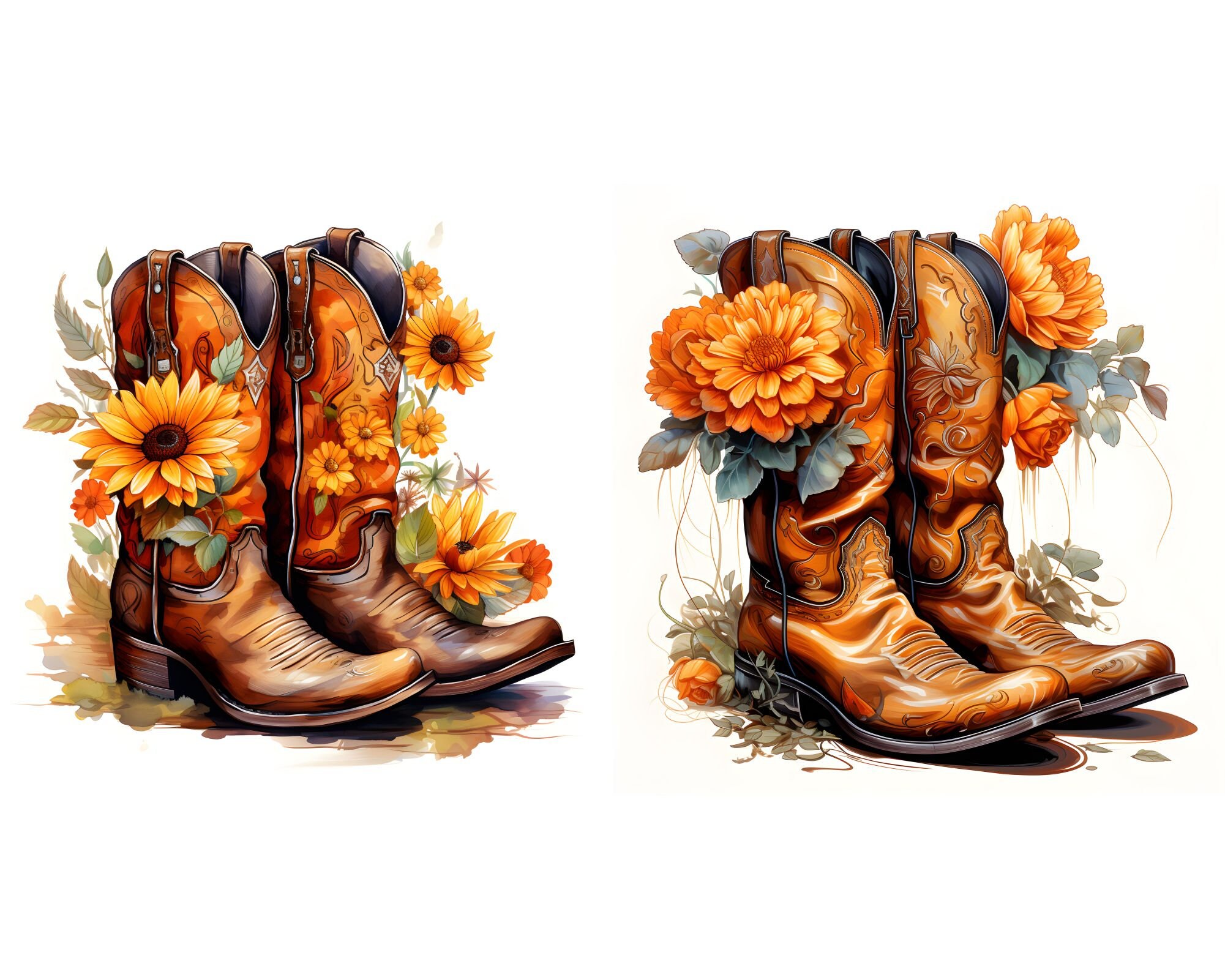 Watercolor Cowboy Boots Clipart: Floral Western Design (12 JPG Files ...
