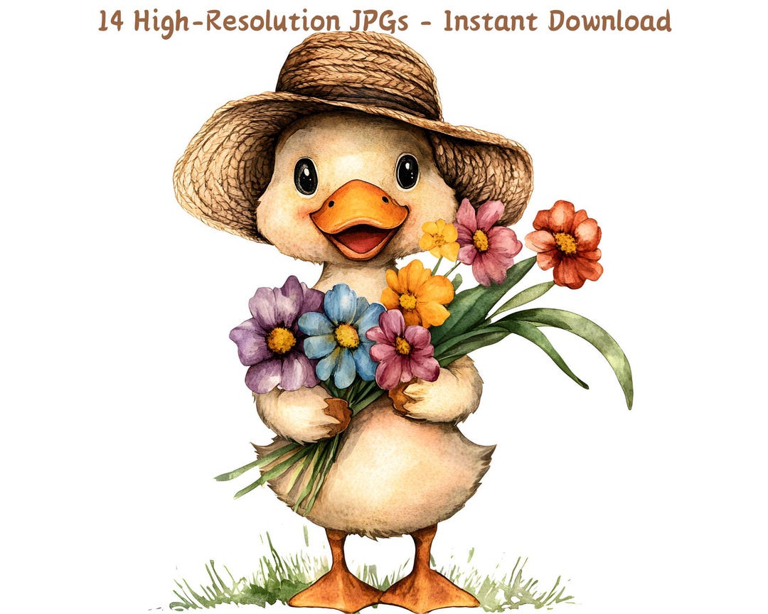 Cute Summer Duck Holding Flowers Watercolor Clipart, Cartoon Duckling ...