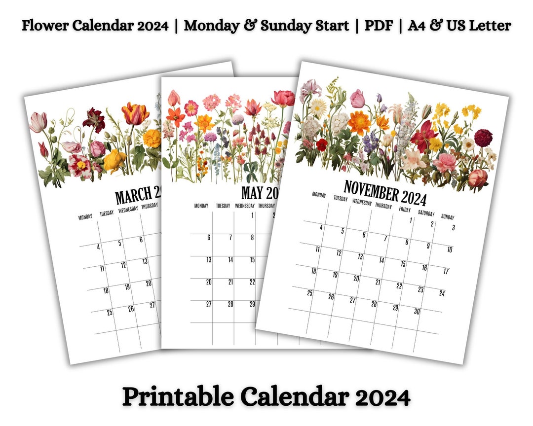 Flower Calendar 2024, Printable Calendar, Sunday and Monday Start, A4 ...