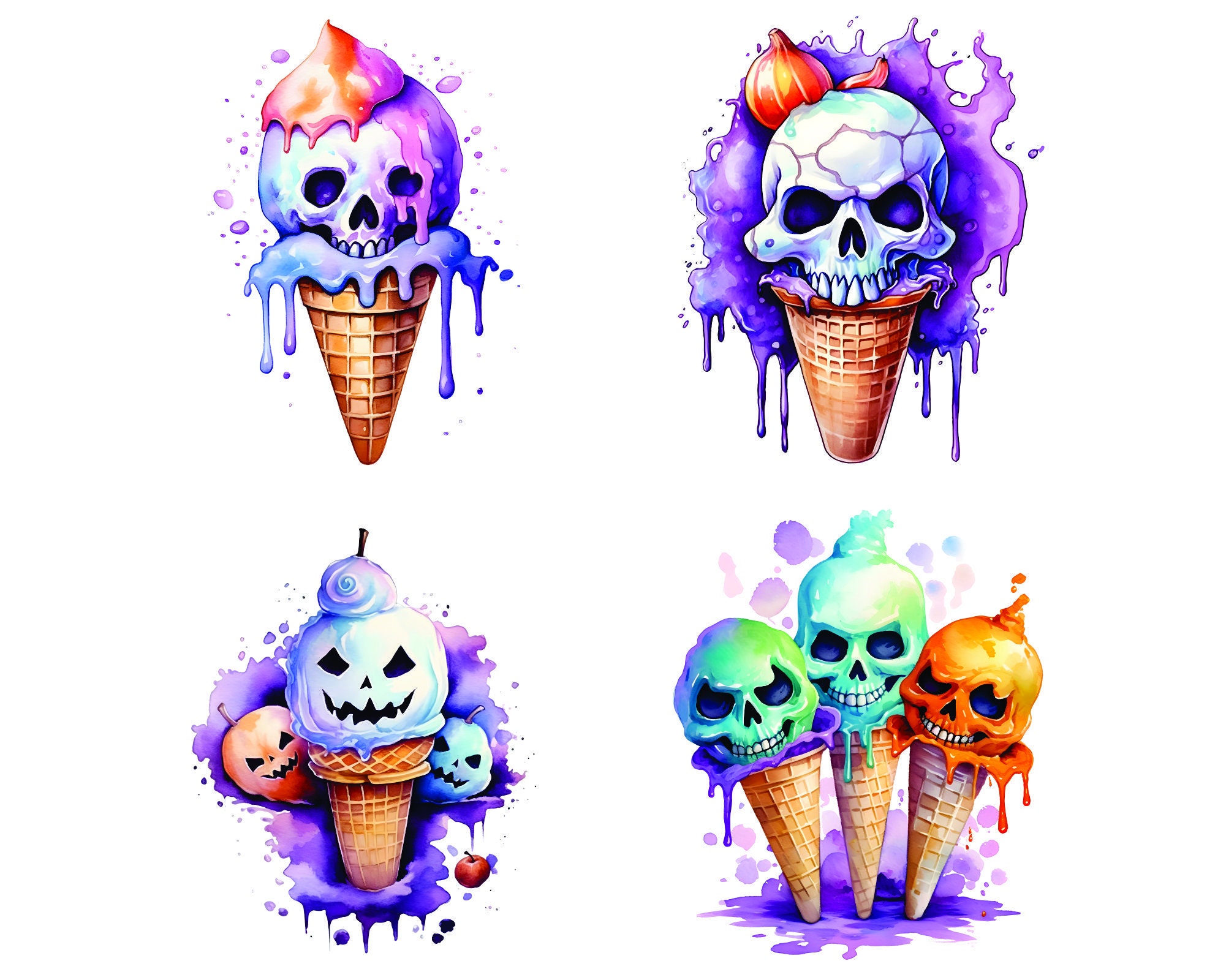 Halloween Ice Cream Clipart, 20 Jpgs, Watercolor Ice Cream, Halloween ...