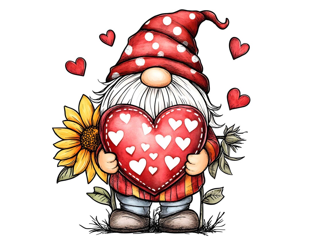 Valentine Day Gnome Clipart, 16 JPG, Watercolor Gnome With Sunflower ...