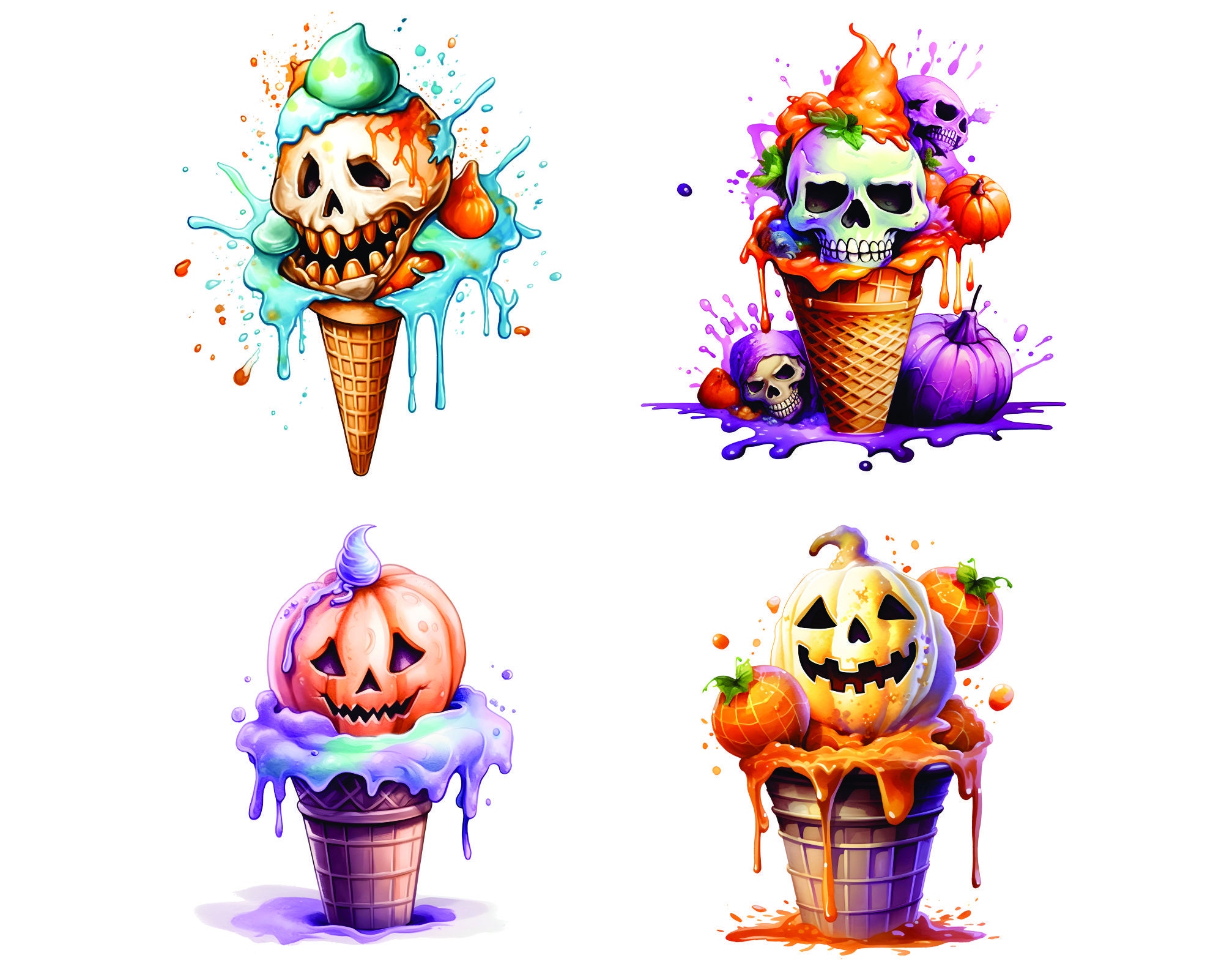 Halloween Ice Cream Clipart, 20 Jpgs, Watercolor Ice Cream, Halloween ...