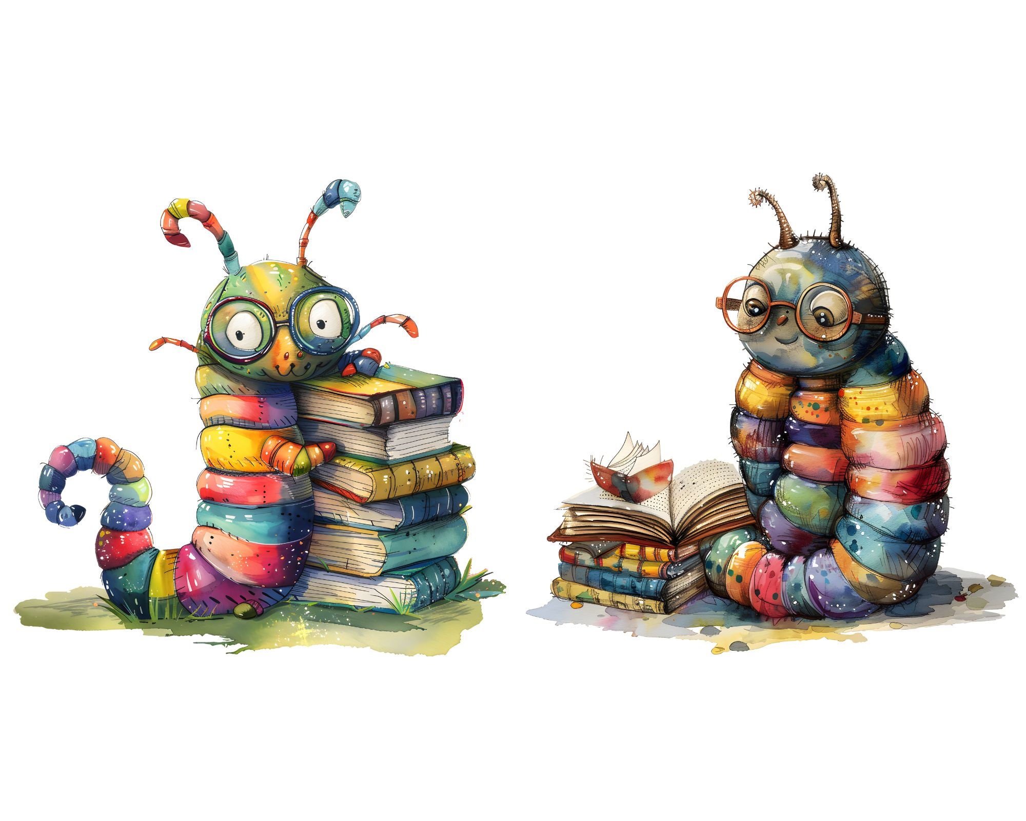 Watercolor Bookworm Clipart Set, Reading Worm Illustration (instant ...