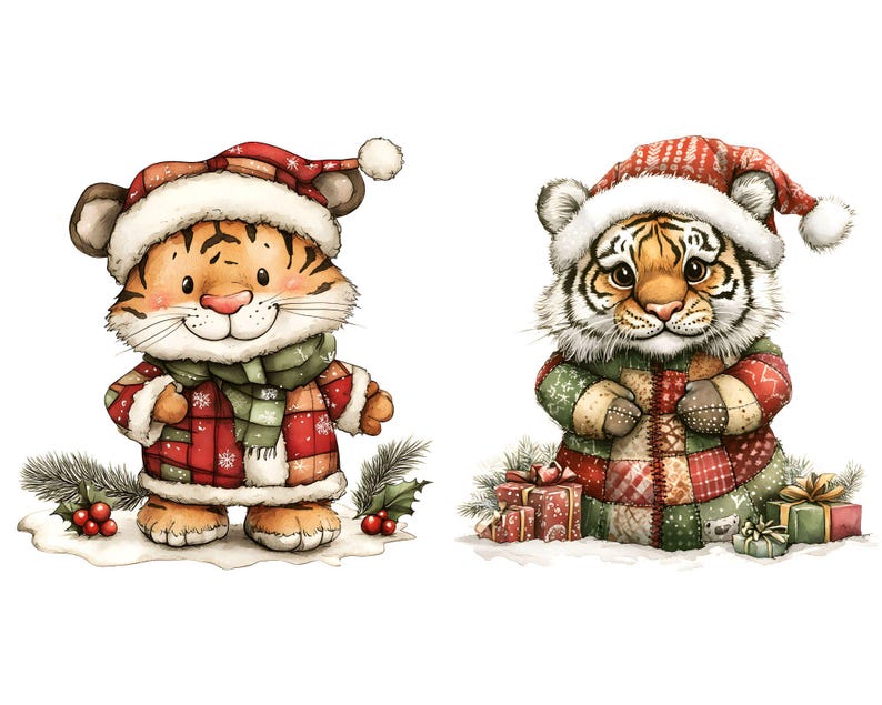 Watercolor Christmas Tiger Clipart: Santa Hat Animal Art (14 JPG ...