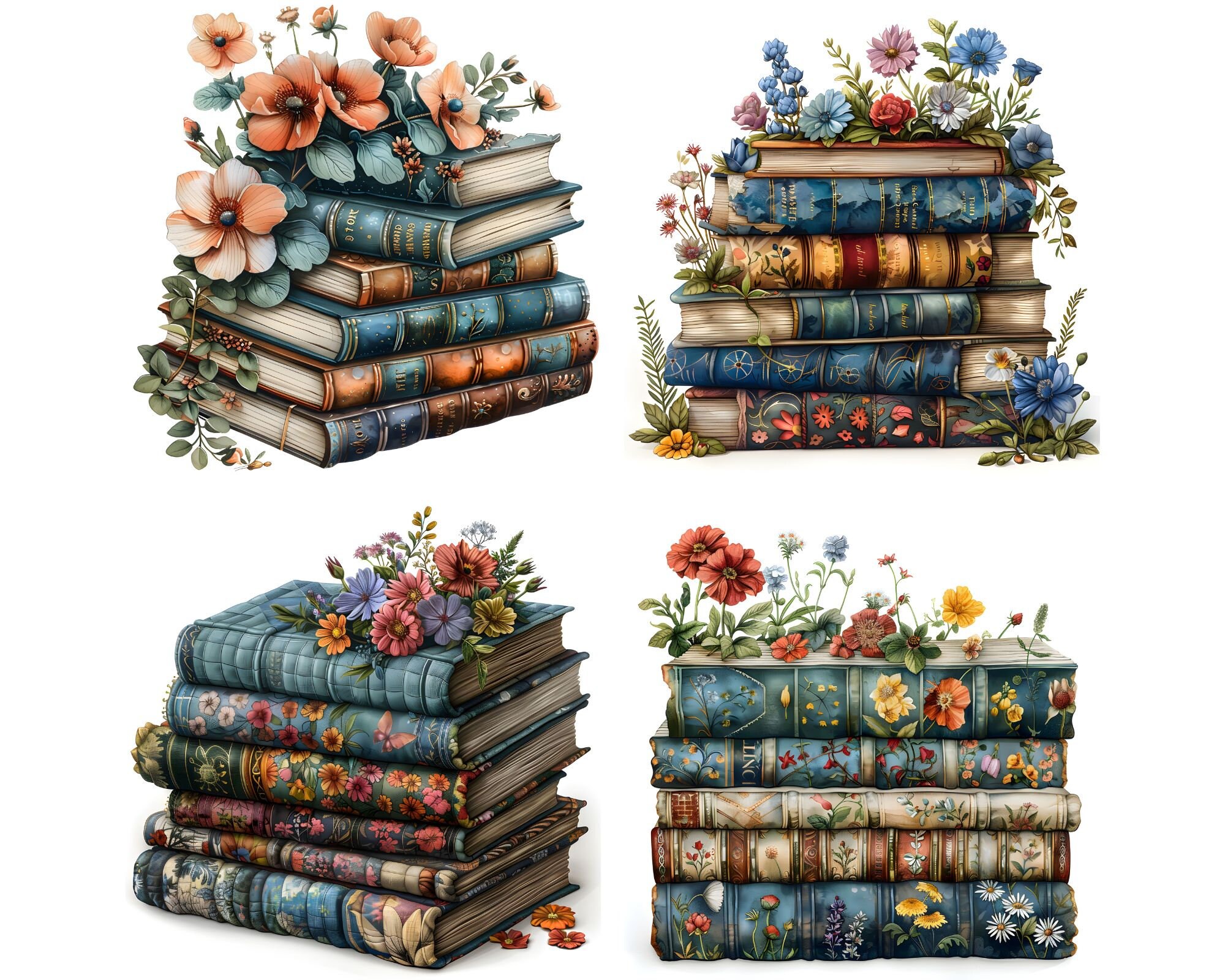 Floral Books Clipart: Stack of Books Jpgs (digital Download) - Etsy
