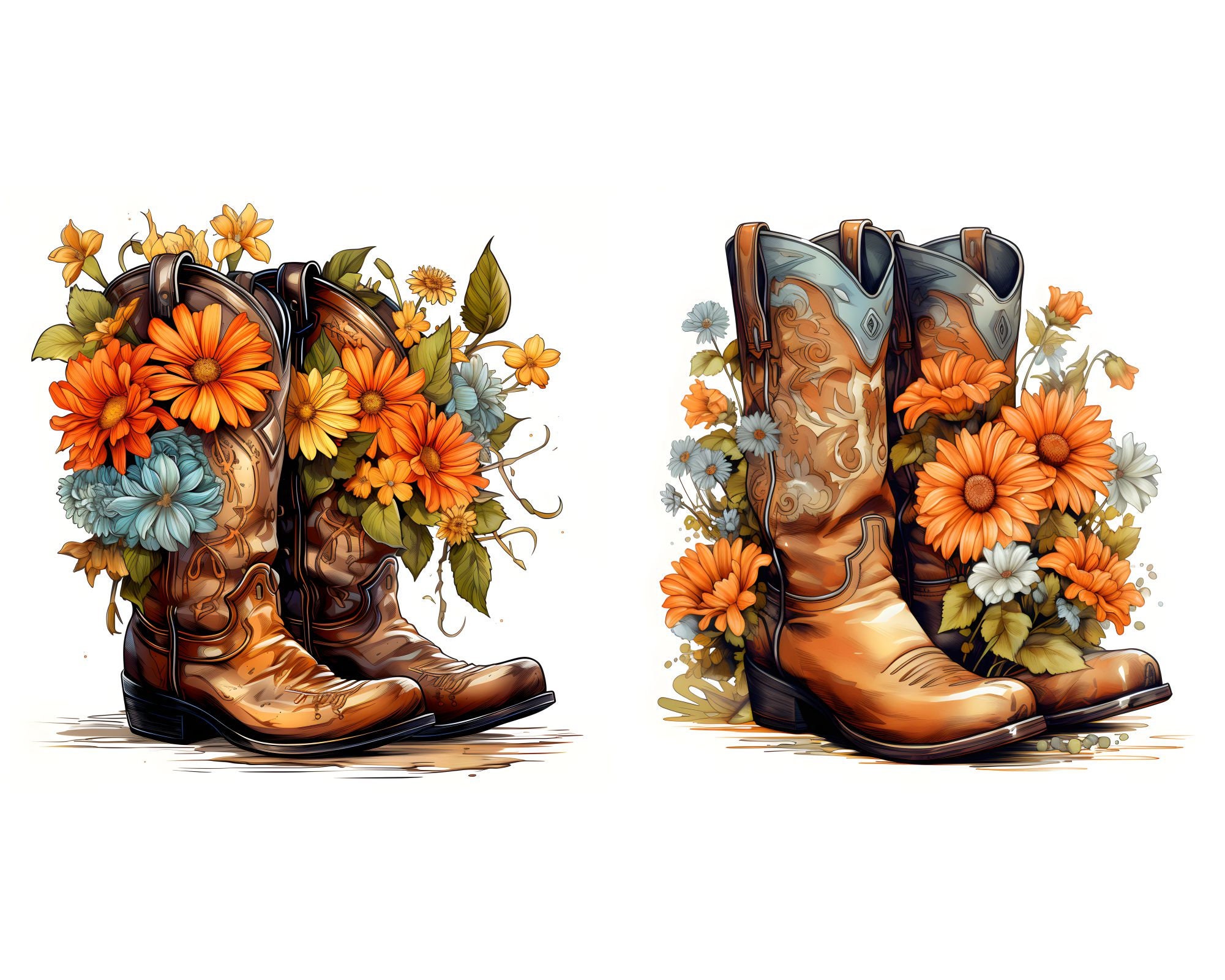 Watercolor Cowboy Boots Clipart: Floral Western Design (12 JPG Files ...