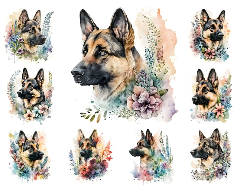 Spring German Shepherd Clipart 12 JPG Watercolor German - Etsy