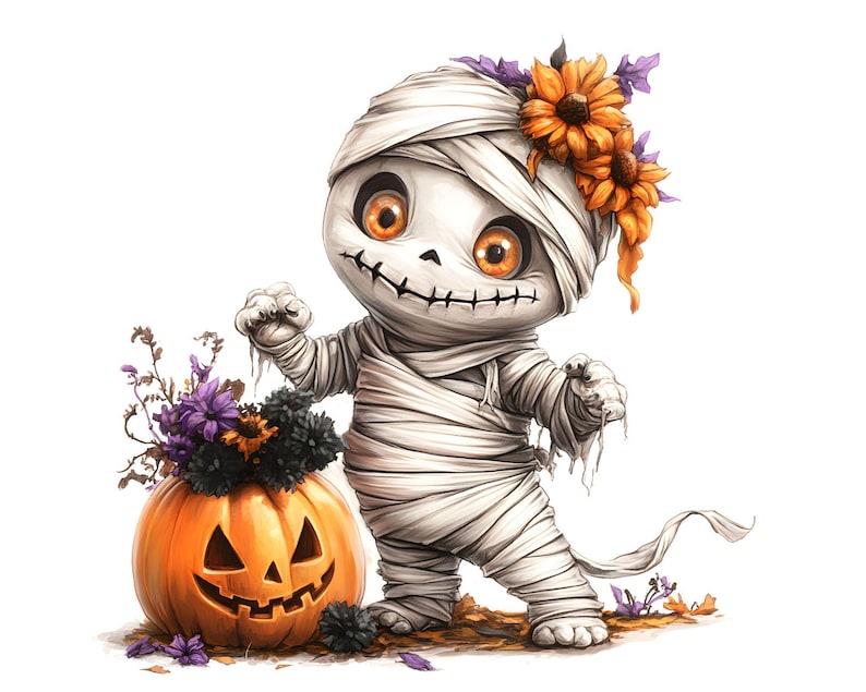 Halloween Mummy Clipart: Pumpkin & Flowers (digital Download) - Etsy