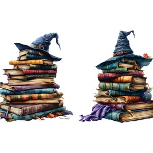 Witch Books Clipart, 16 JPG, Mixed Media Halloween Stack of Books ...
