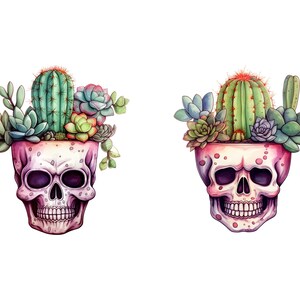 Skull Pot With Cacti Clipart, 16 PNG, Watercolor Halloween Clip Art ...
