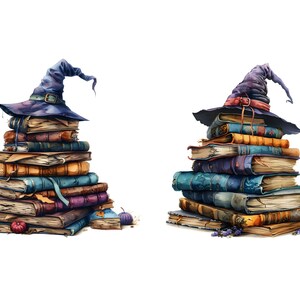 Witch Books Clipart, 16 JPG, Mixed Media Halloween Stack of Books ...