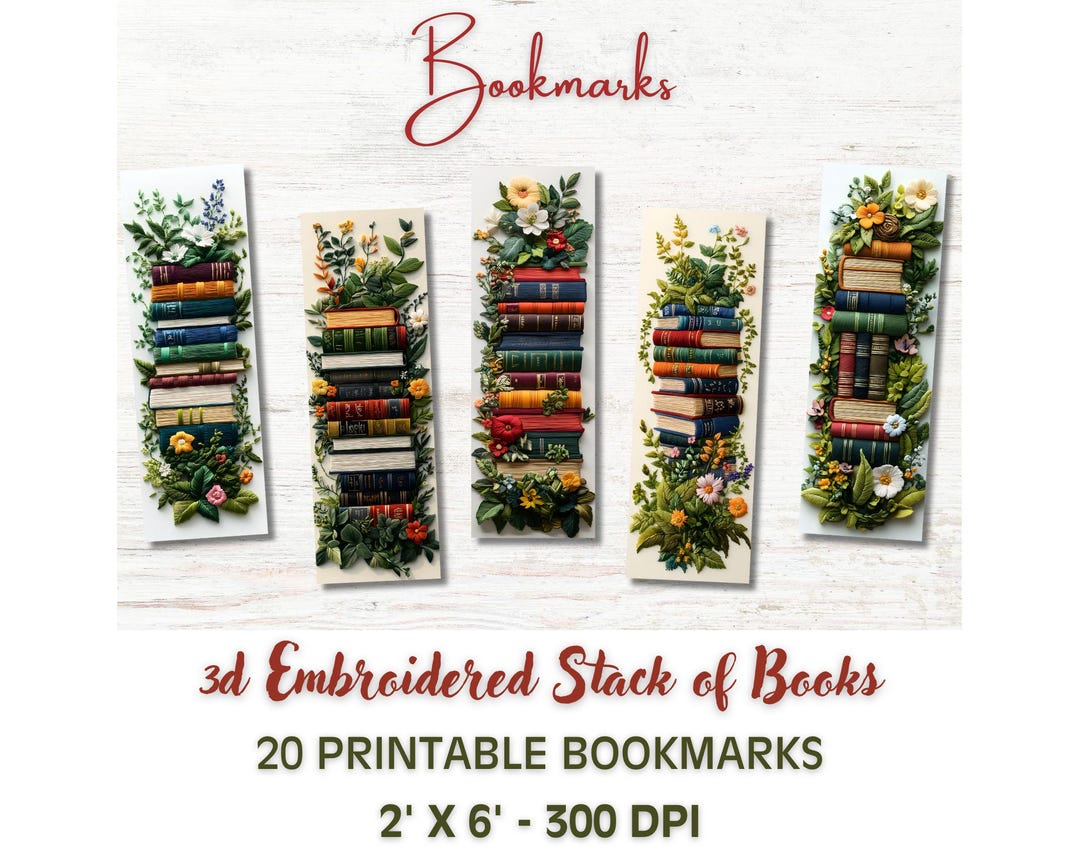 3D Embroidered Stack of Books & Flowers Printable Bookmark, 20 PNG/JPG ...