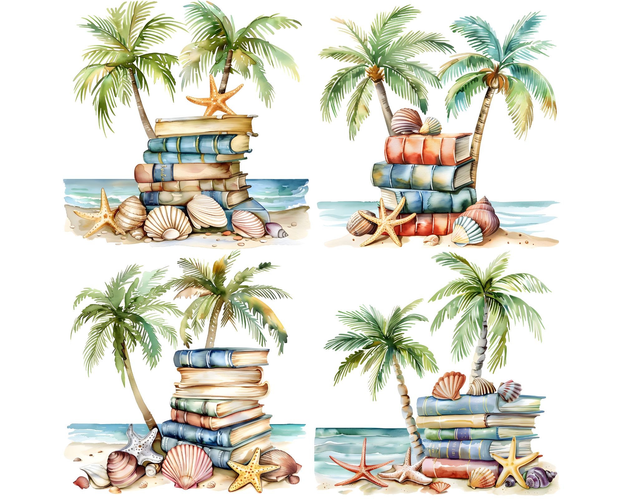 Beach Books Clipart: Watercolor Stack of Books, Summer Theme (digital ...