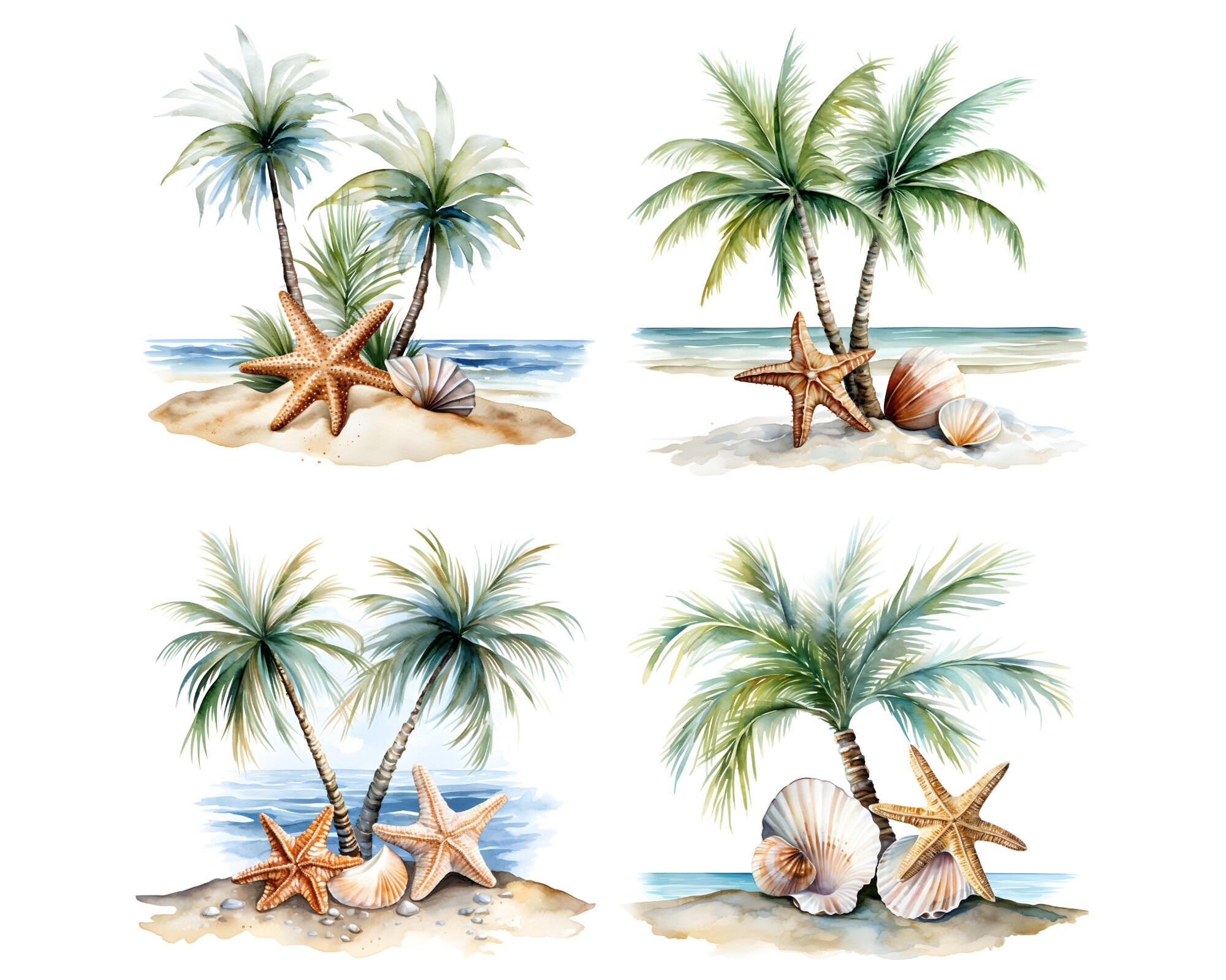 Beach Palm Trees Clipart, 14 JPG, Watercolor Clip Art, Summer Images ...
