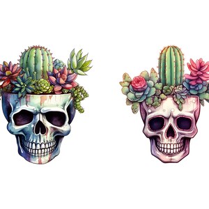 Skull Pot With Cacti Clipart, 16 PNG, Watercolor Halloween Clip Art ...