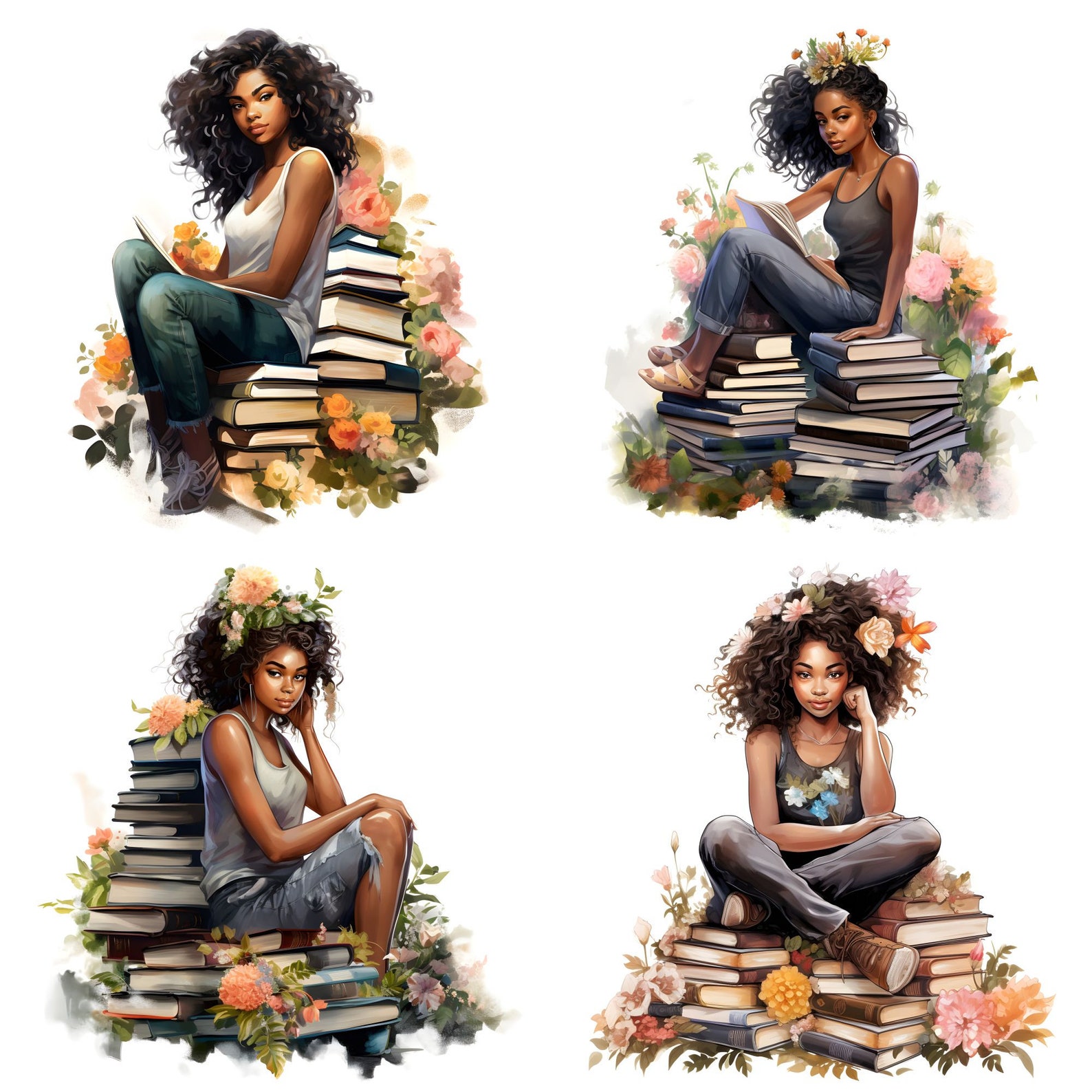 Black Girl Reading Clipart: Back to School, Books Jpgs (digital ...