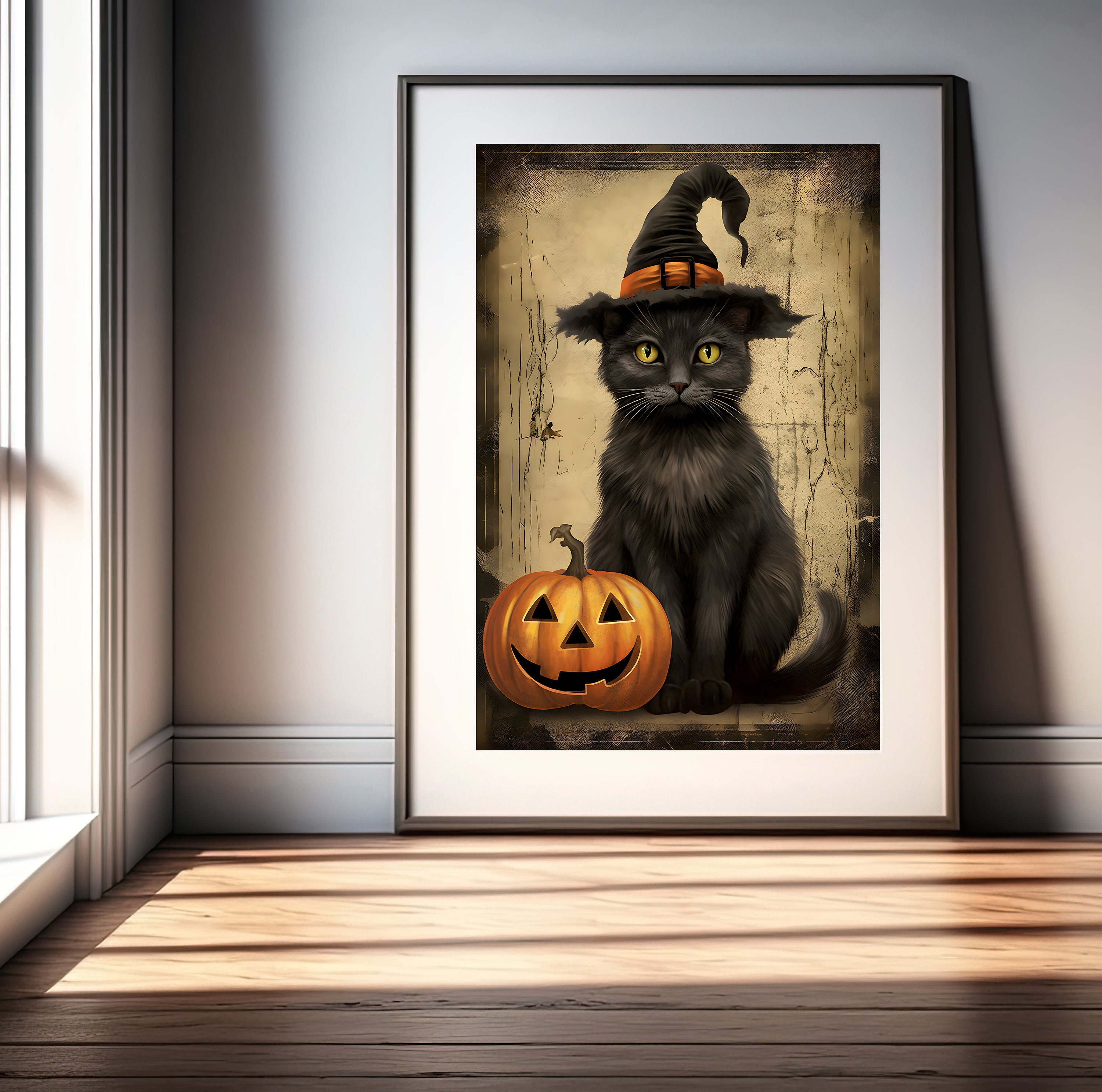 Halloween Witch Cat Printable Wall Art, Vintage Halloween Wall Art ...