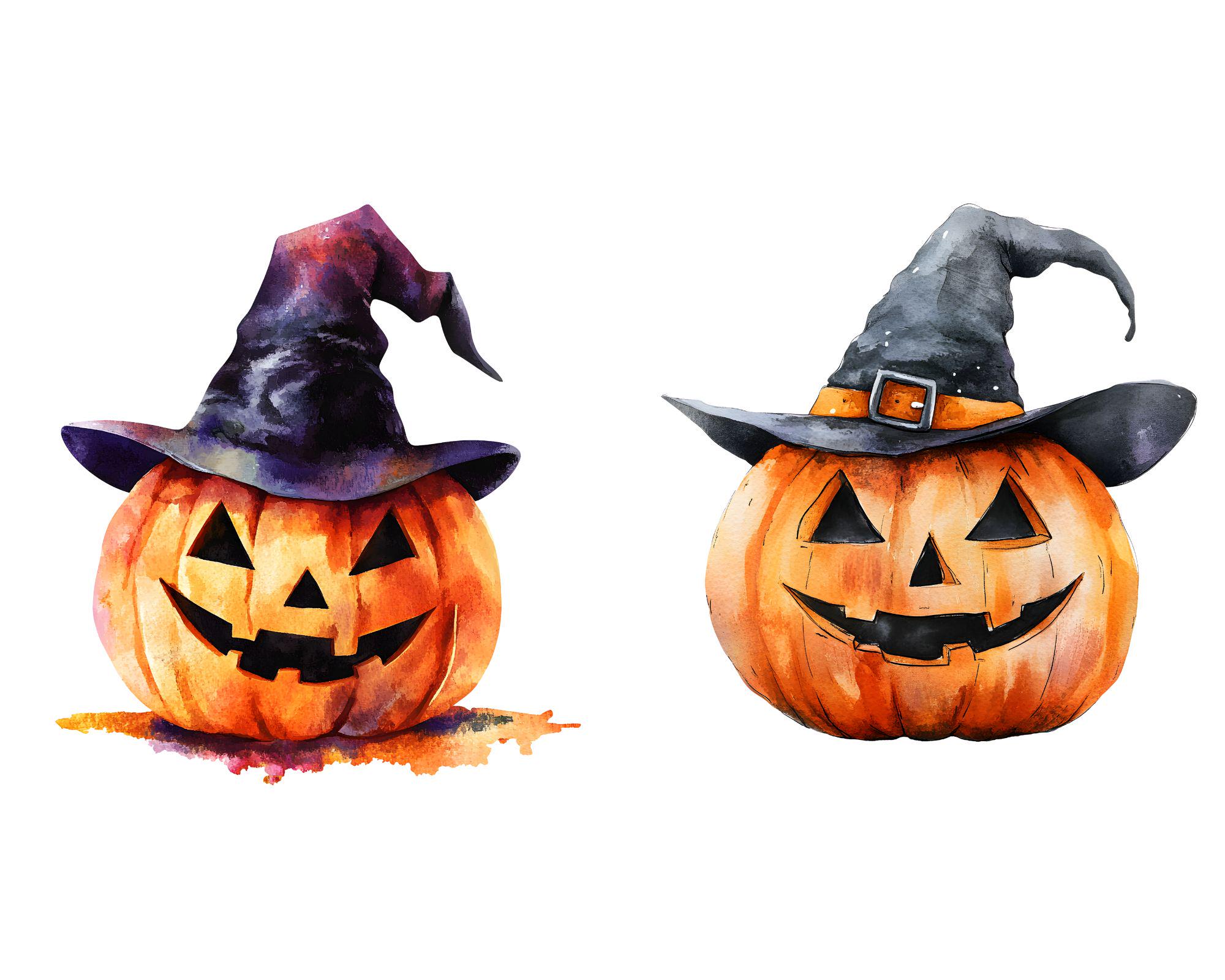 Watercolor Halloween Pumpkin Clipart: Witch Hat, Spooky Illustration ...