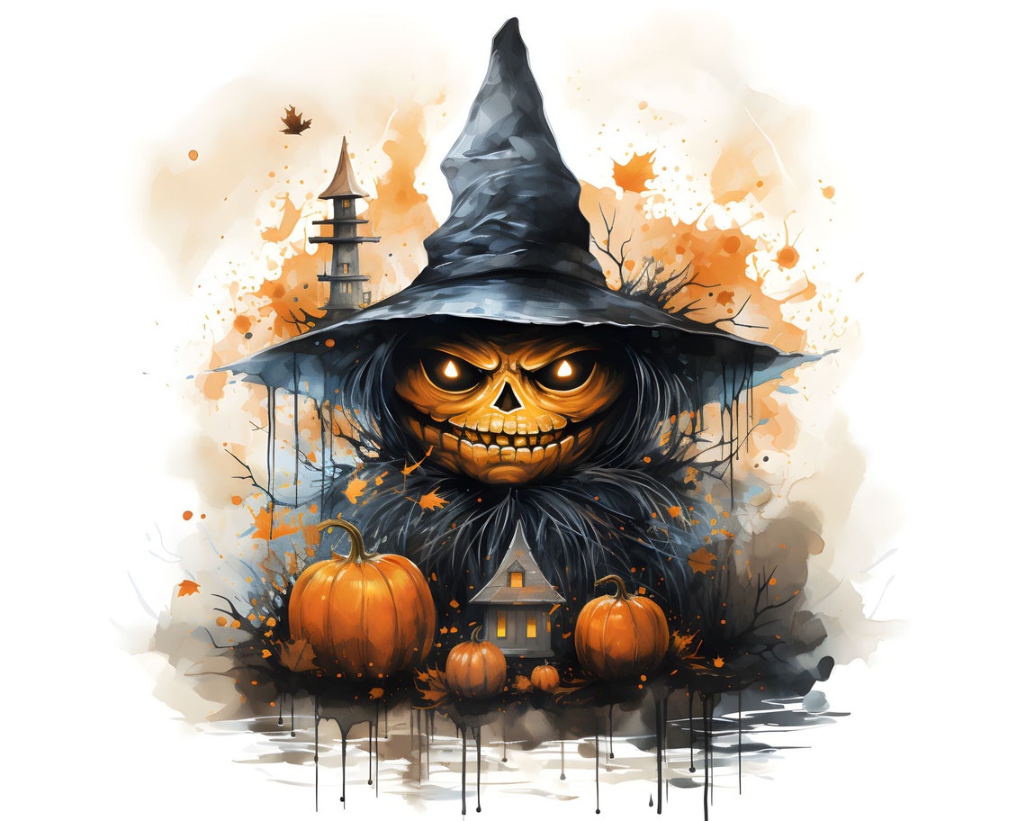 Scary Watercolor Pumpkin Clipart: Witch Hat, Halloween Art (12 Jpgs ...