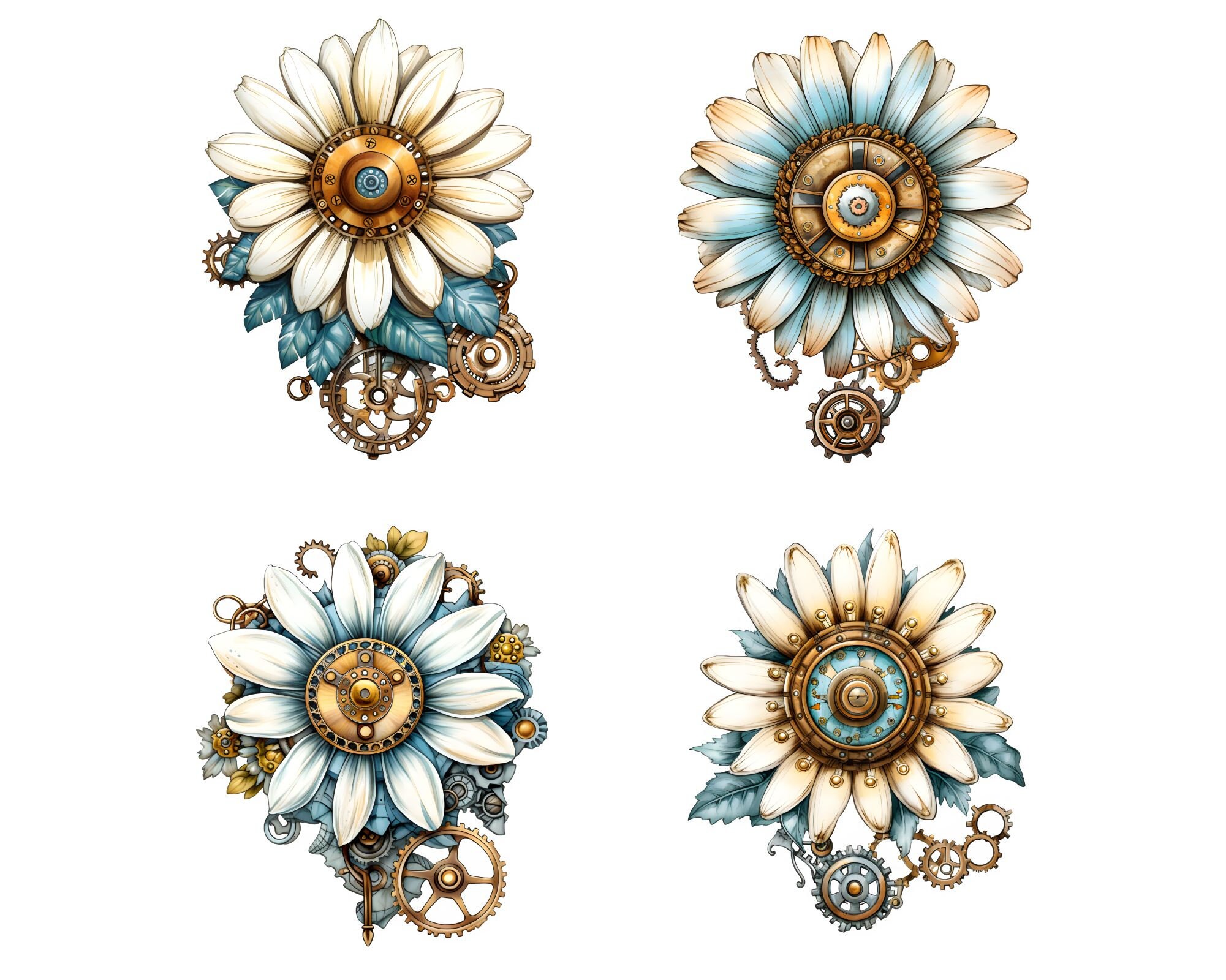 Steampunk Daisy Clipart, 14 PNG, Watercolor Daisy, Scrapbooking, Daisy PNG, Daisy Sublimation ...
