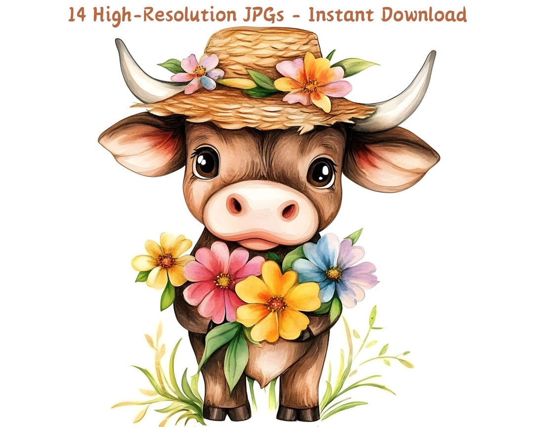Cute Summer Ox Holding Flowers Watercolor Clipart, Floral Farm Animal ...