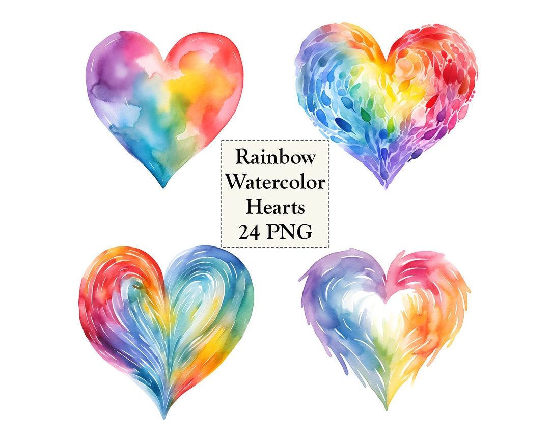 Watercolor Rainbow Heart Clipart: 24 PNG Graphics (digital Download) - Etsy