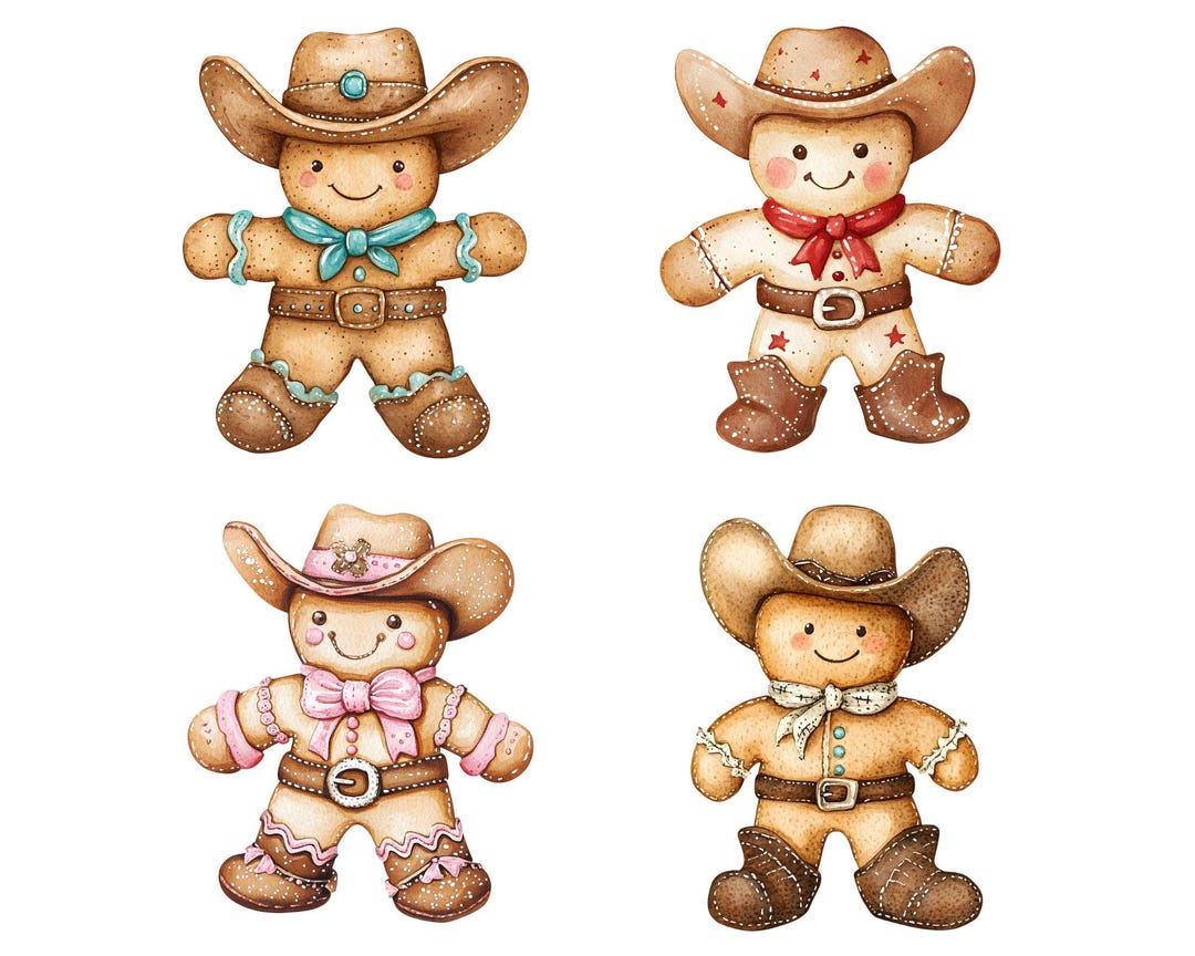 Cowboy Gingerbread Clipart, 24 PNG, Xmas Sublimation Design, Card ...