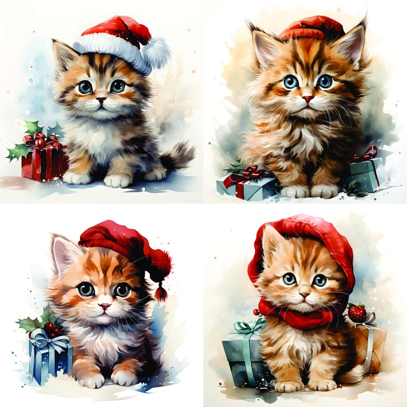 Christmas Cats Digital Paper, Printable Christmas Wall Art, Watercolor ...