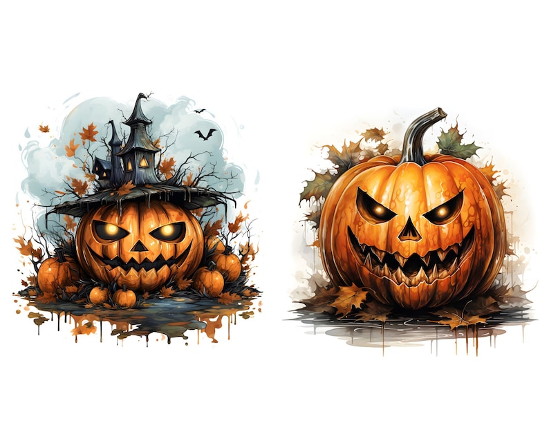 Halloween Scary Pumpkin Clipart, 14 Jpgs, Halloween Pumpkin, Watercolor ...