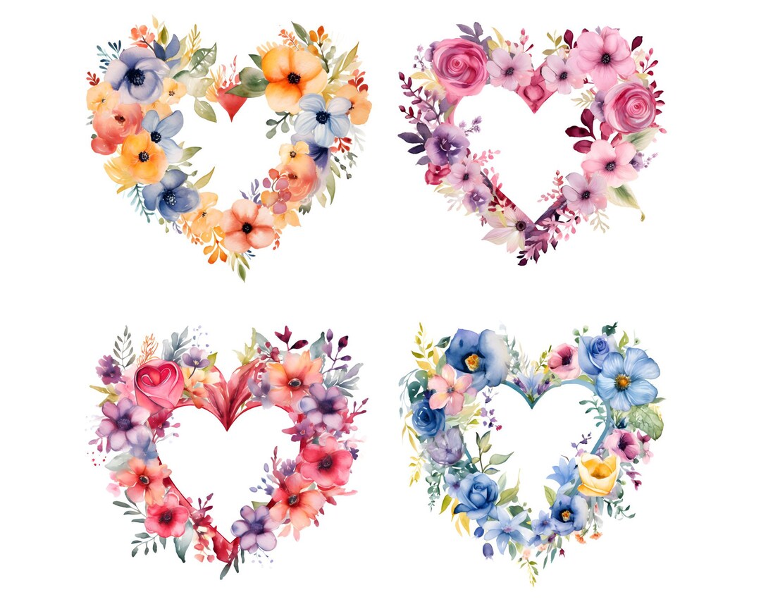 Flower Heart Wreath Clipart, 50 High Quality Jpg, Valentine Hearts ...