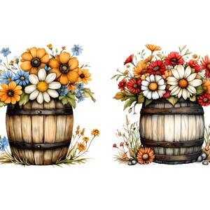 Old Wooden Barrel With Flowers Clipart, 16JPG, Floral Clip Art, Paper ...