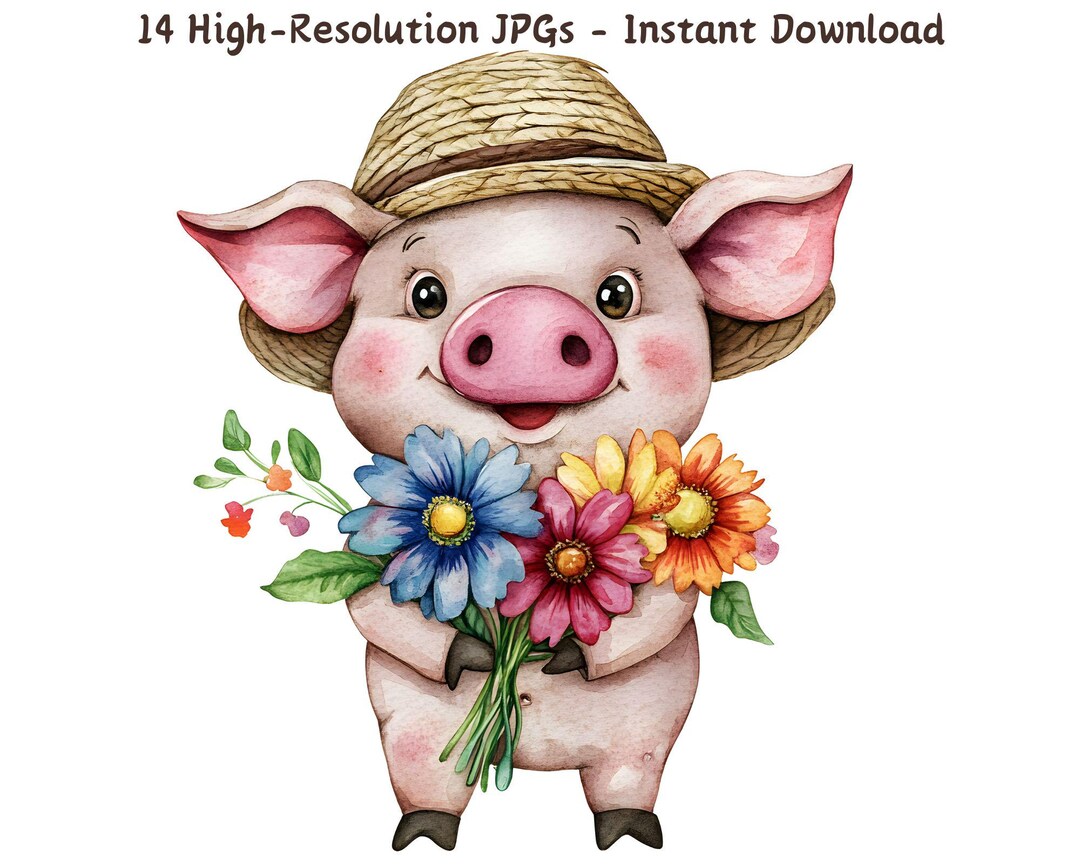 Cute Cartoon Pig Watercolor Clipart, Floral Pig Art, 14 JPG Files, Farm ...