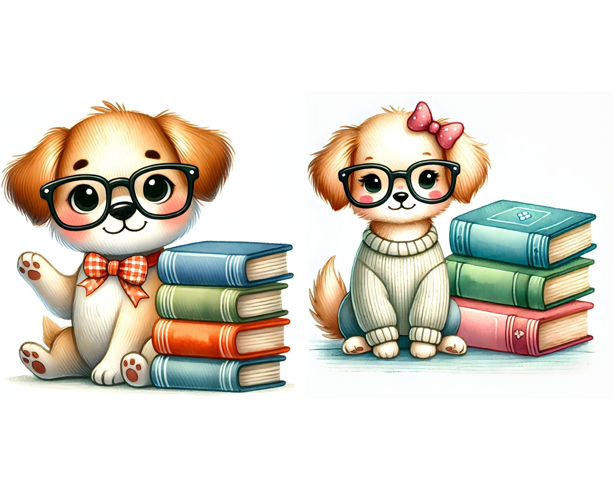 Dogs With Glasses and Books Clipart, 16 JPG, Cute Dog Clip Art, Digital ...
