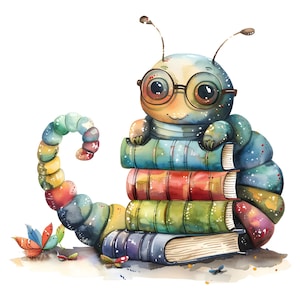 Bookworm Clipart, 12 PNG, Nerdy Worm, Reading Worm Digital Art ...