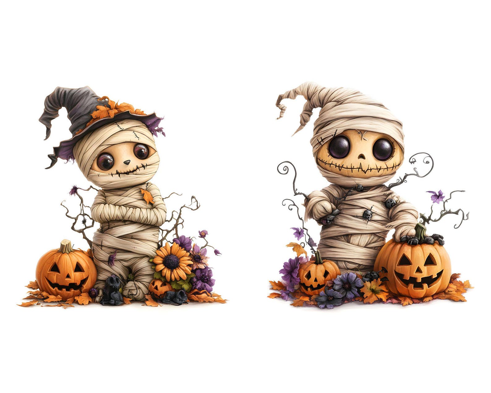 Halloween Mummy Clipart: Pumpkin & Flowers (digital Download) - Etsy