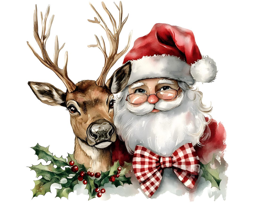 Santa With Reindeer Clipart, 12 PNG, Christmas Sublimation Design, Card ...