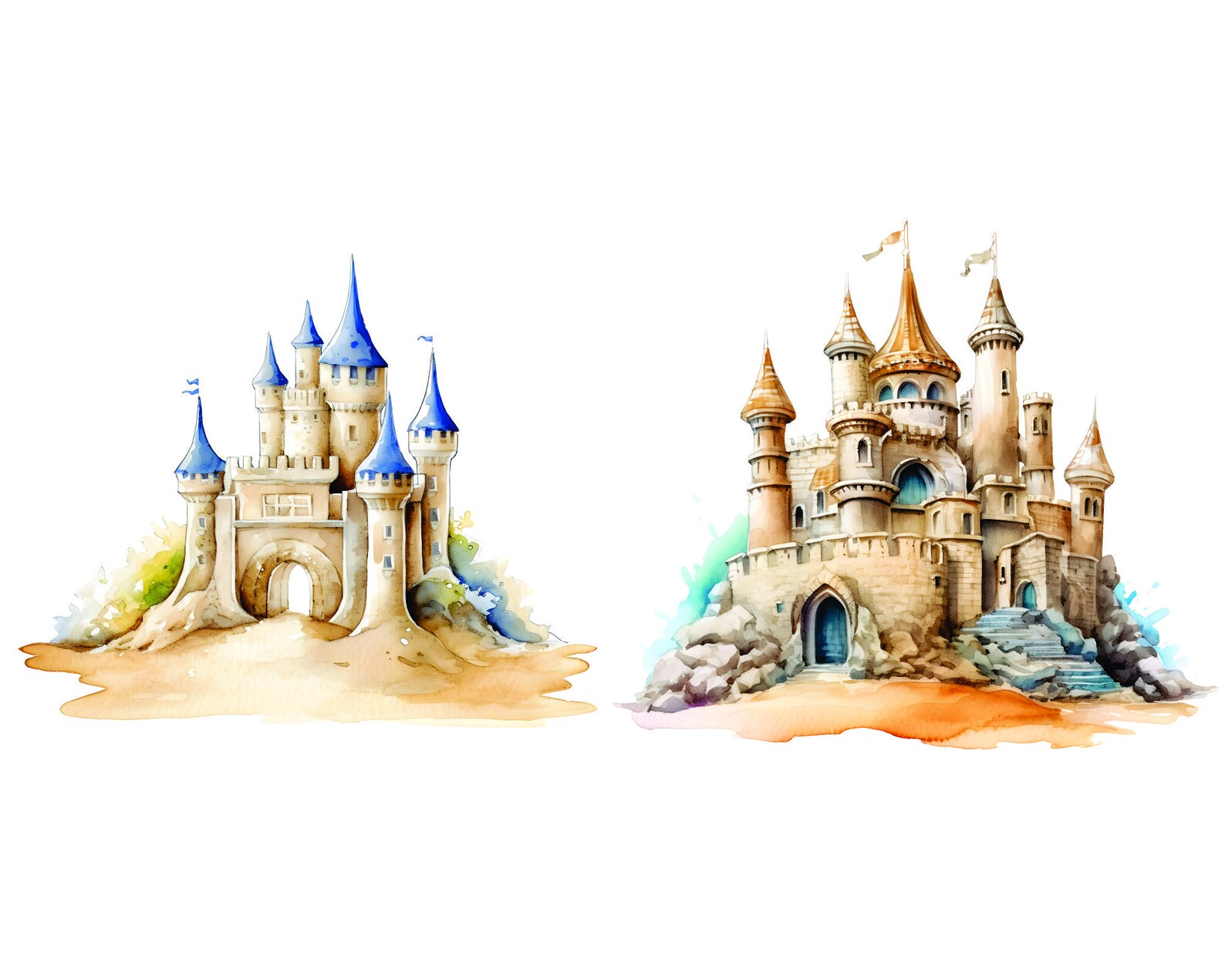 Sandcastle Clipart, 12 Jpgs, Sand Castle Clipart, Watercolor Beach ...
