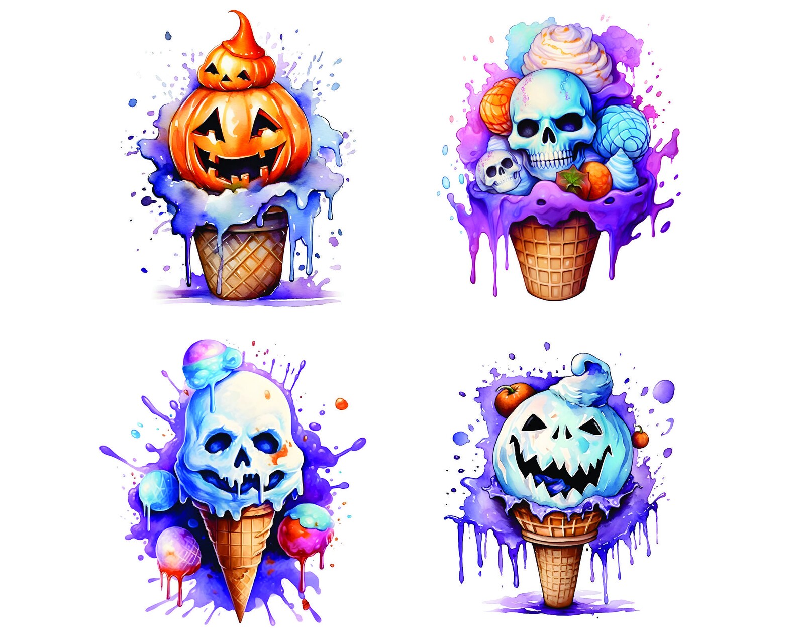 Halloween Ice Cream Clipart, 20 Jpgs, Watercolor Ice Cream, Halloween ...