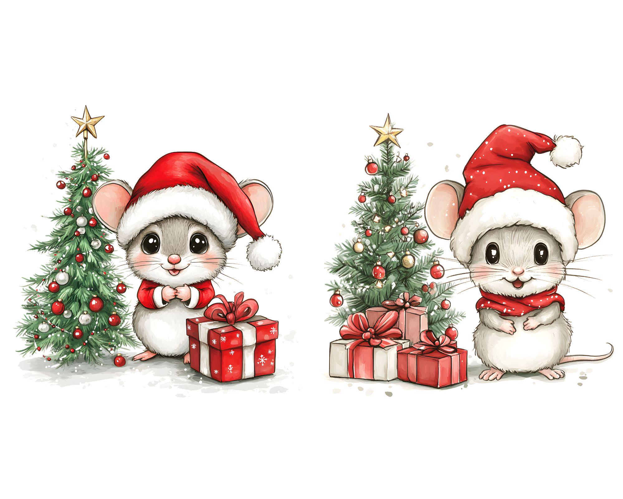 Watercolor Christmas Mouse Clipart: Holiday Tree & Gifts (digital ...