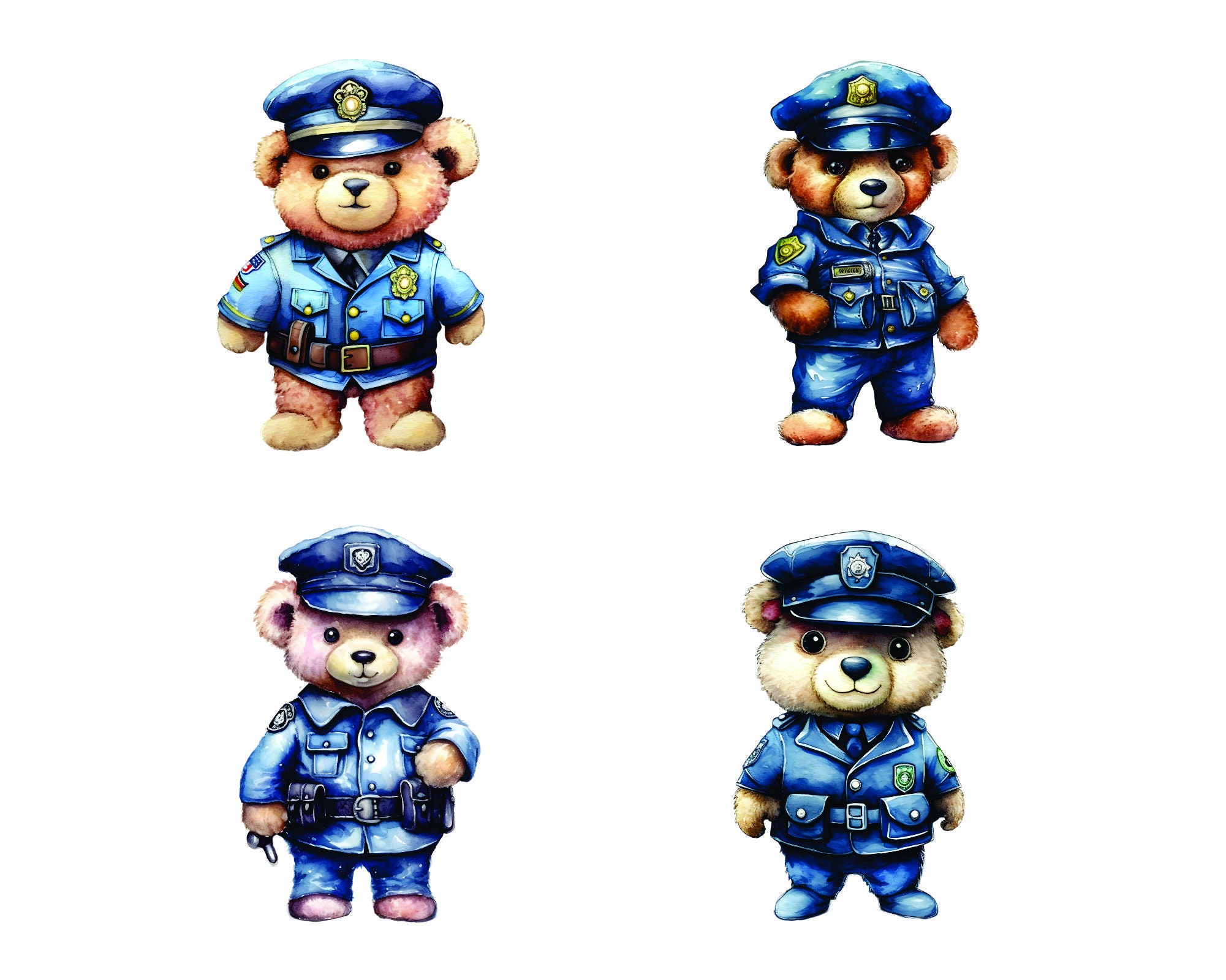 Teddy Bear Watercolor Clipart Police Teddy Bear Teddy Bear - Etsy