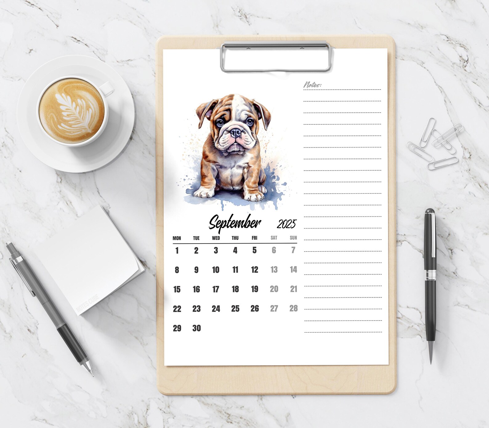 Watercolor Puppy Calendar 2025, Cute Puppies Calendar, Monday Sunday ...