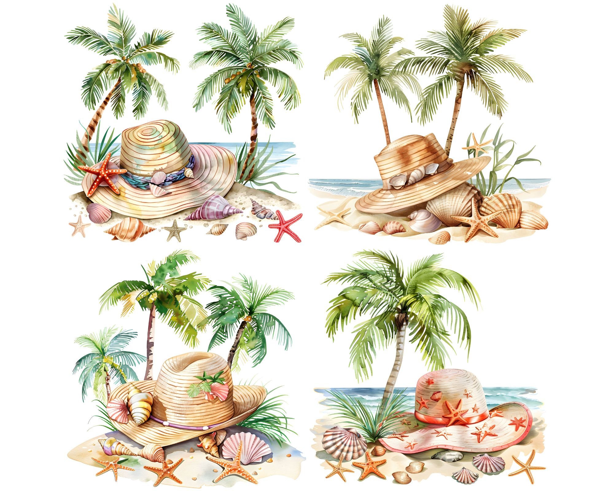 Watercolor Beach Hat Clipart: Summer Fashion Illustration (digital ...