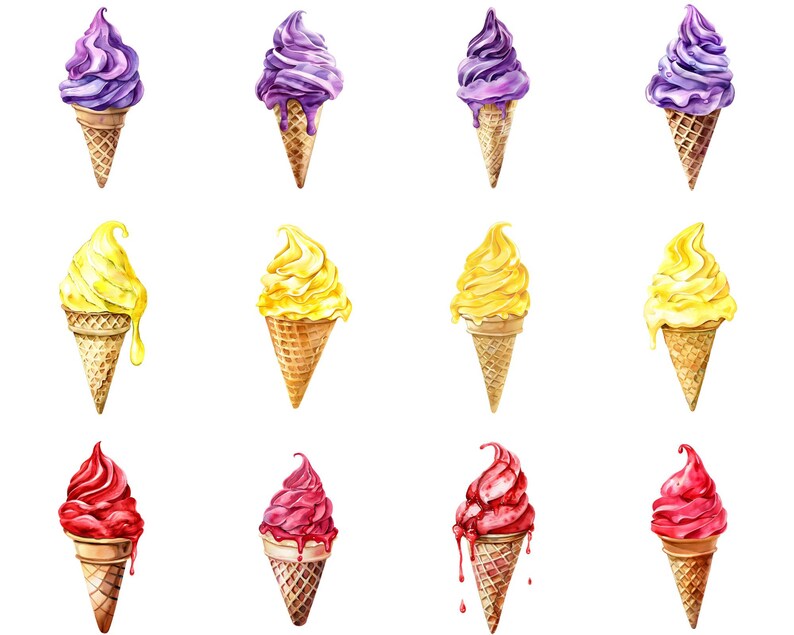 Watercolor Ice Cream Cone Clipart: 120 PNG Summer Dessert Illustrations ...