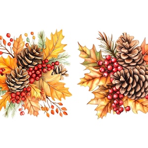 Watercolor Autumn Leaves Clipart: Pine Cones & Berries (JPG Digital ...