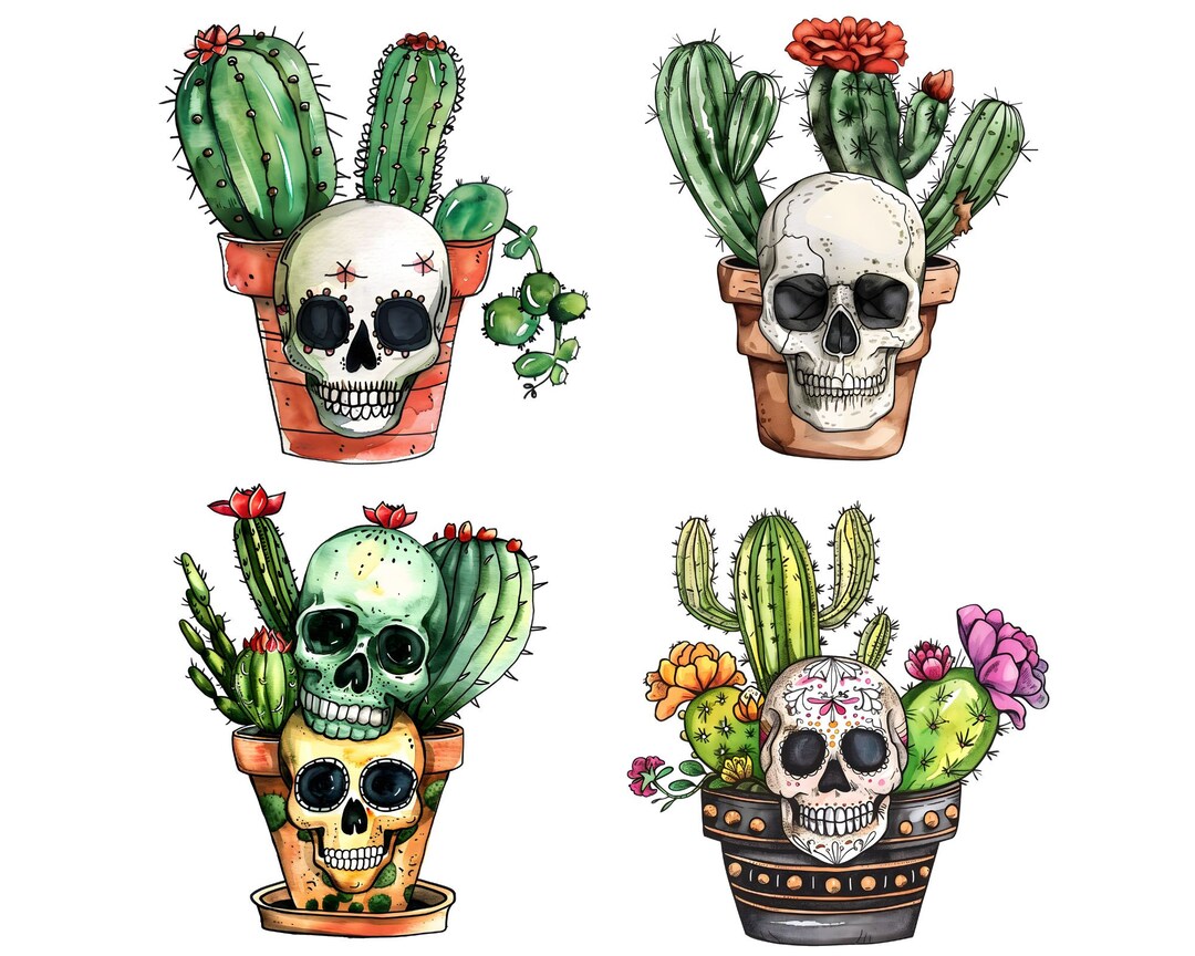 Skull Pot With Cactus Clipart, 20 PNG, Watercolor Halloween Clip Art ...